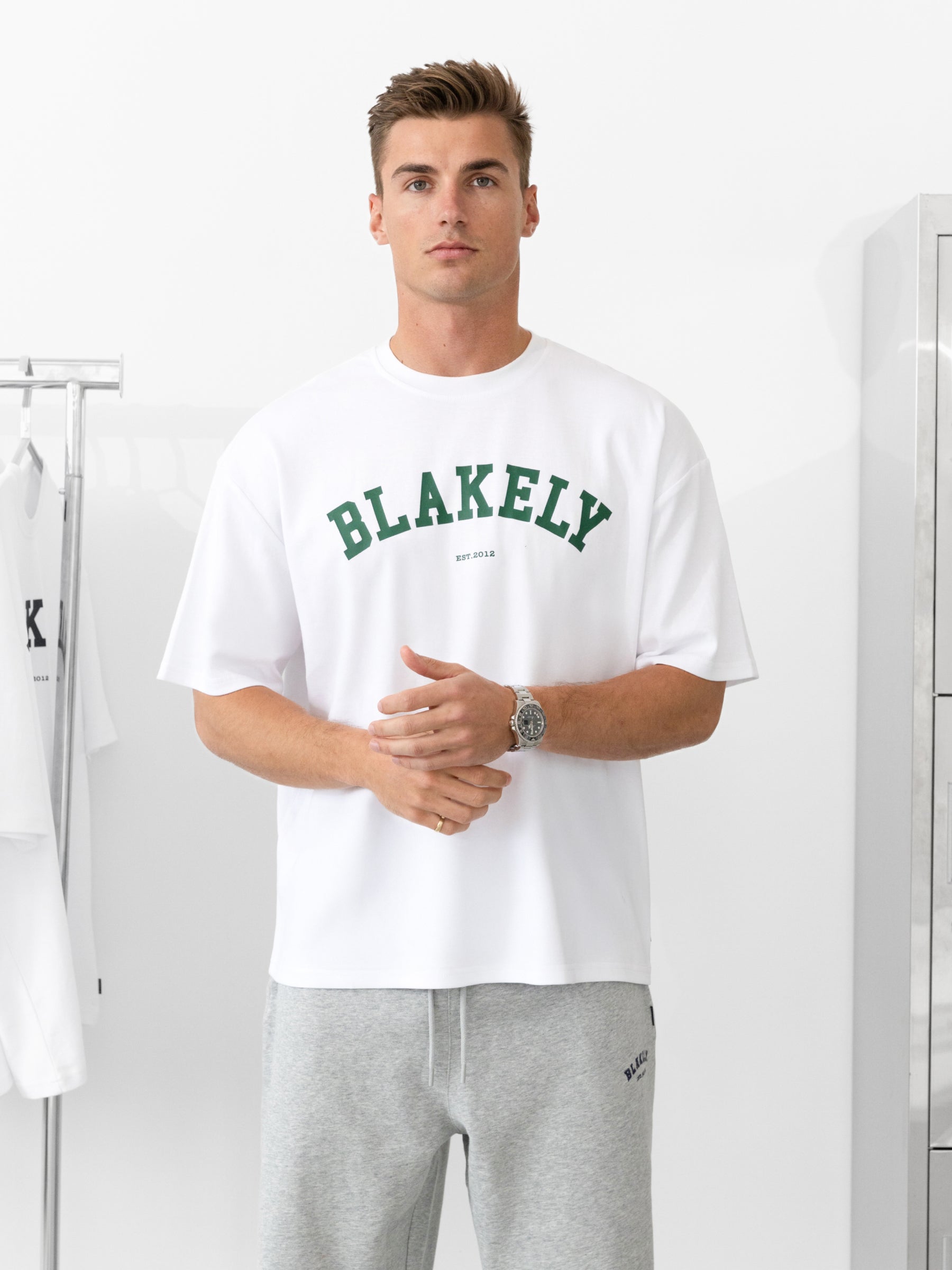 Buy Blakely Mens White & Pine Green Varsity Unfitted T-Shirt | Free ...