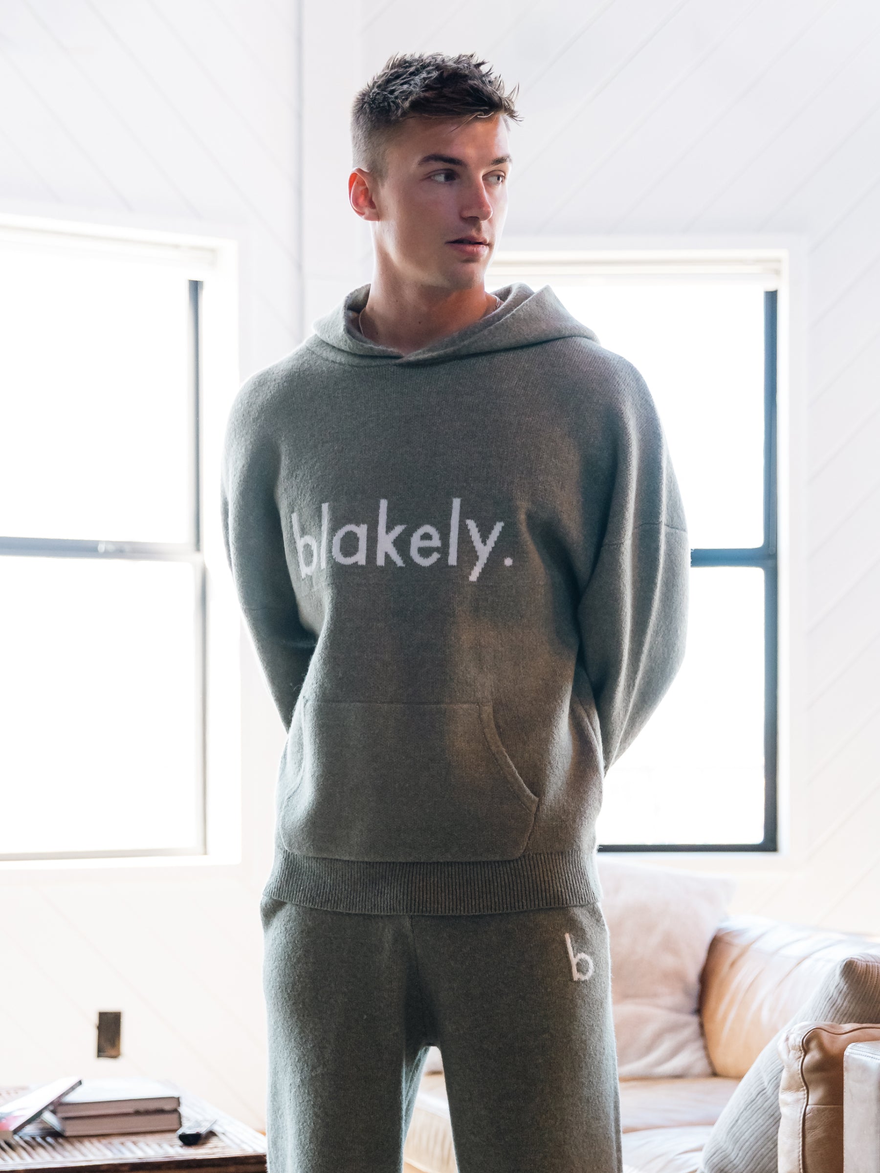 Buy Blakely Mens Safari Green Alfie Relaxed Knitted Hoodie | Free ...